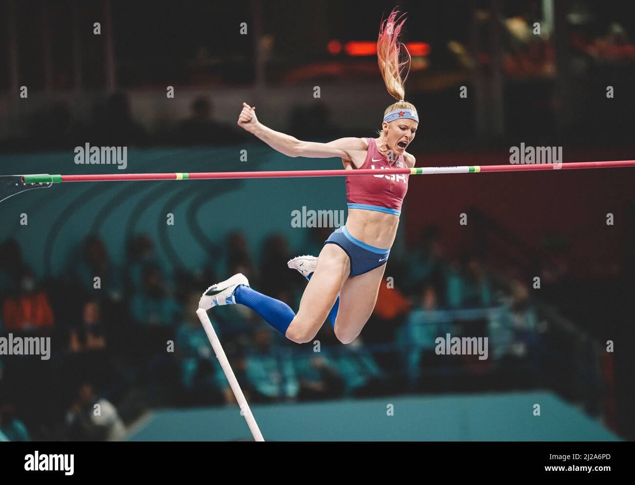 Sandi Morris jumping at the 2022 Belgrade Indoor World Championships in ...