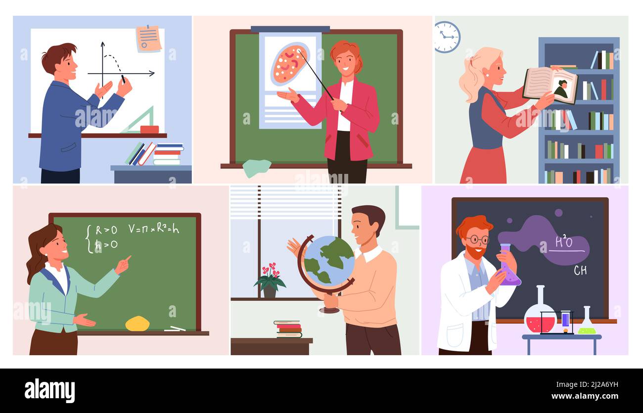 Cartoon female and male teacher or professor teaching math, chemistry ...