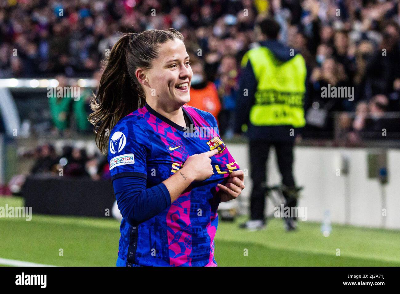Claudia Pina of FC Barcelona celebrates a goal during the UEFA Women's ...