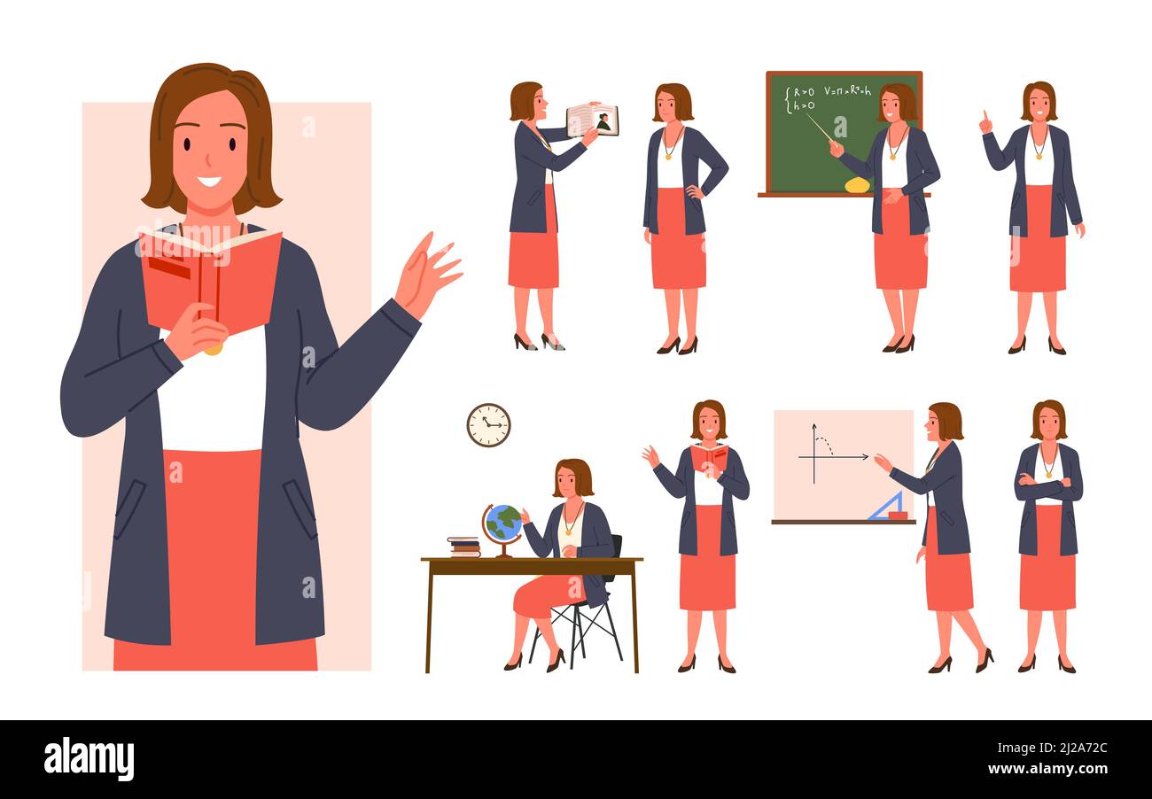 Set of professional woman teacher in different teaching poses Stock ...