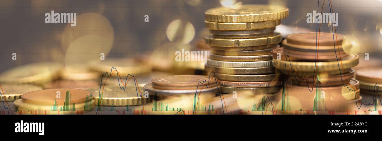 Economic growth concept. Collage with stacks of coins and financial ...