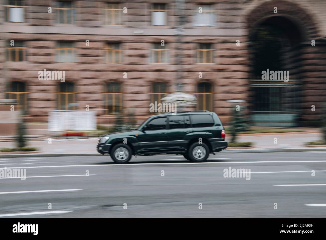Ukraine, Kyiv - 2 August 2021: Green Toyota Land Cruiser car moving on ...