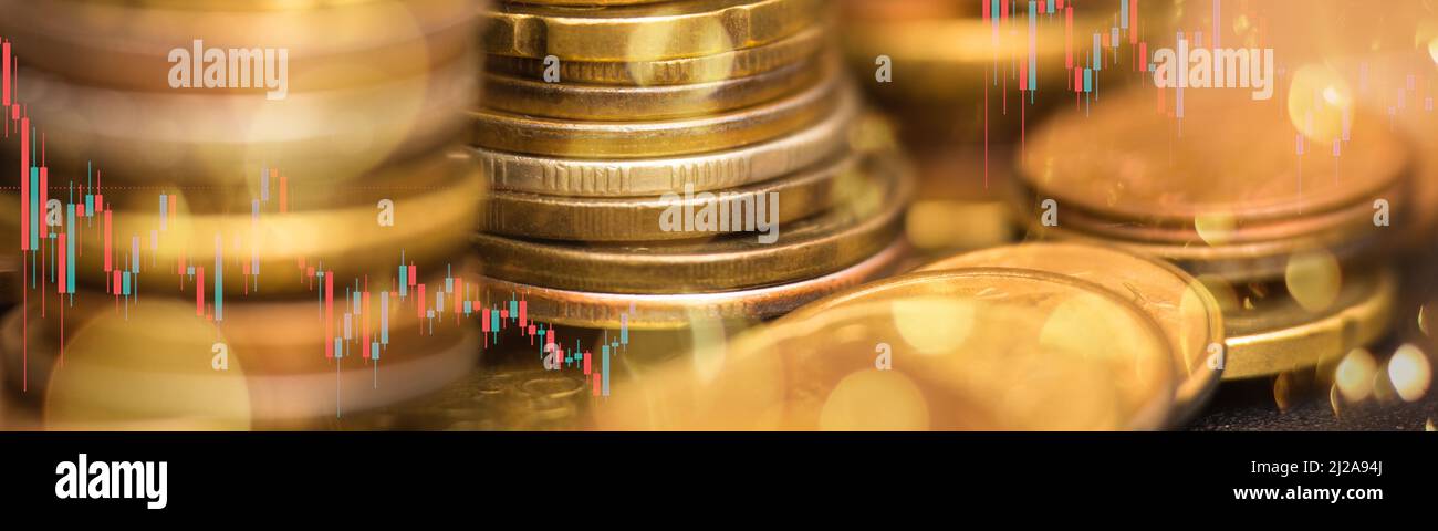 Economic growth concept. Collage with stacks of coins and financial ...