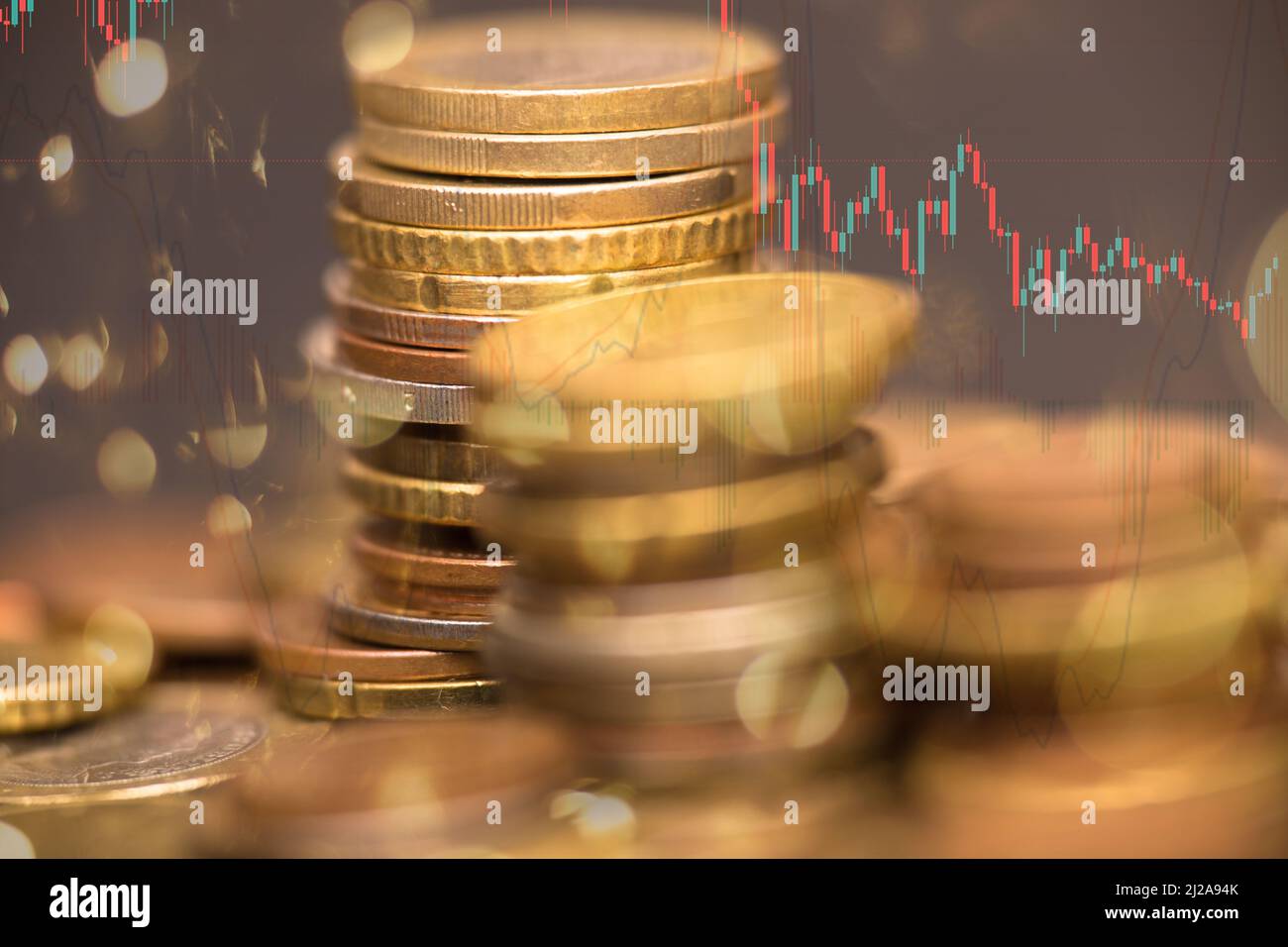 Economic growth concept. Collage with stacks of coins and financial ...