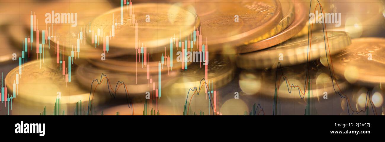 Economic growth concept. Collage with stacks of coins and financial ...