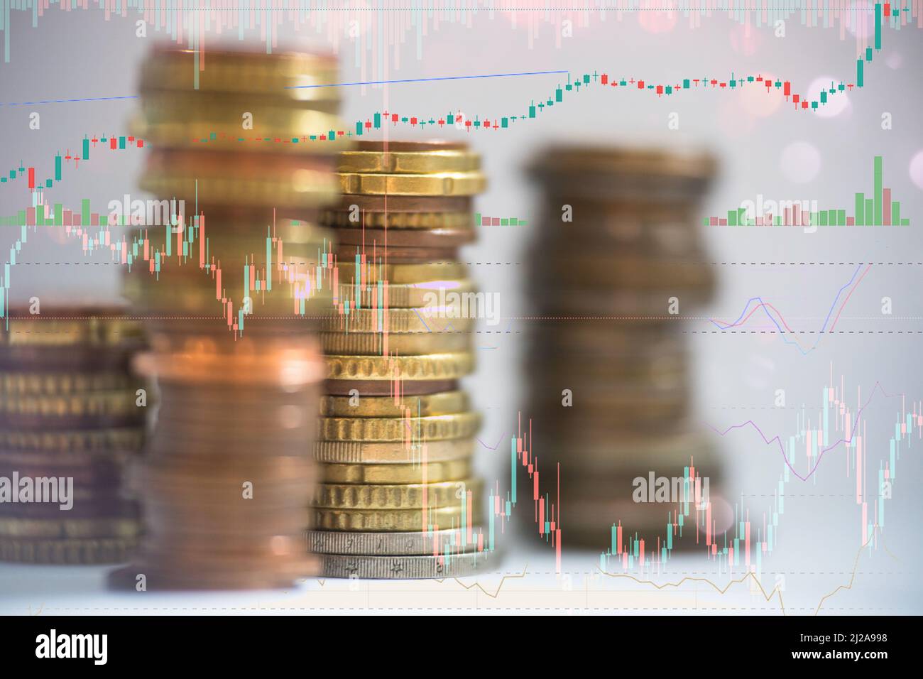 Economic growth concept. Collage with stacks of coins and financial ...