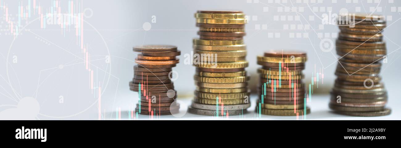 Economic growth concept. Collage with stacks of coins and financial ...