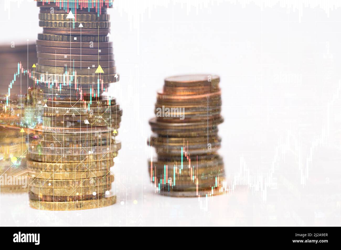 Economic growth concept. Collage with stacks of coins and financial ...