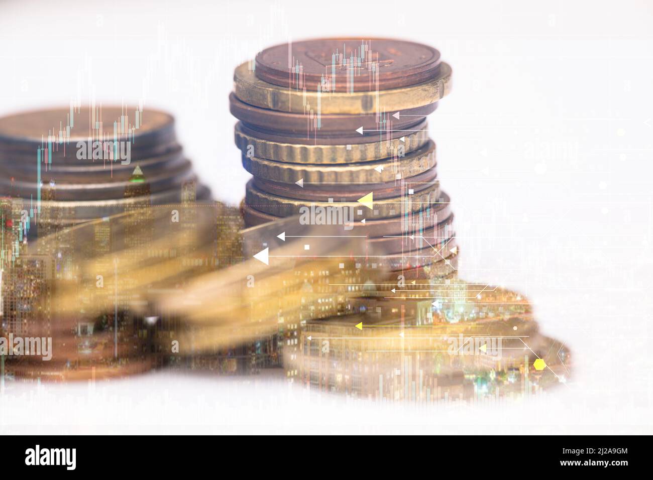 Economic growth concept. Collage with stacks of coins and financial ...