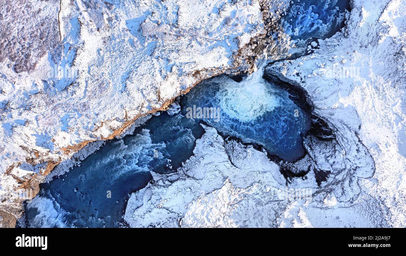 Aldeyjarfoss waterfall in Northern Iceland. overhead drone shot showing ...