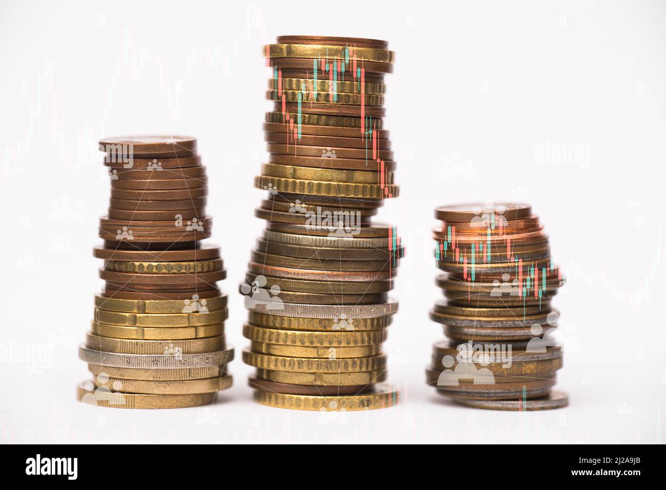 Economic growth concept. Collage with stacks of coins and financial ...