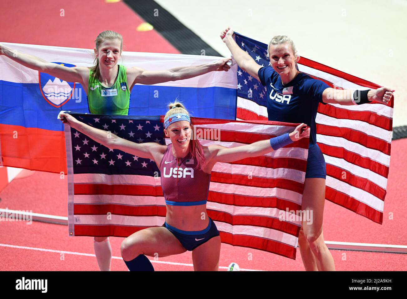 Sandi Morris, Katie Nageotte ,Tina Sutej with the flags at the Belgrade ...