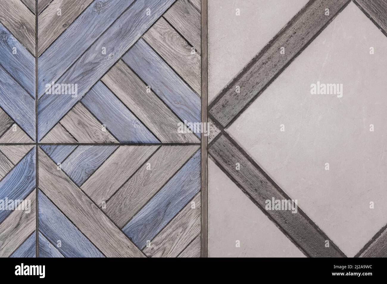 Abstract geometric floor exterior pattern with tiles and blue boards ...