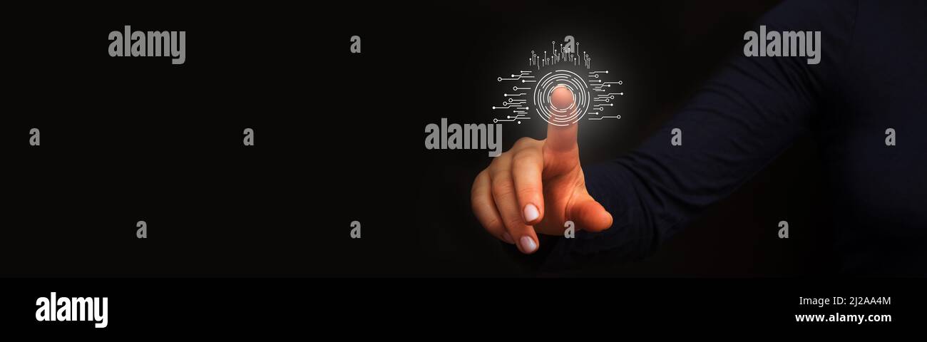 Hand and circle tech on technology background design Stock Photo - Alamy