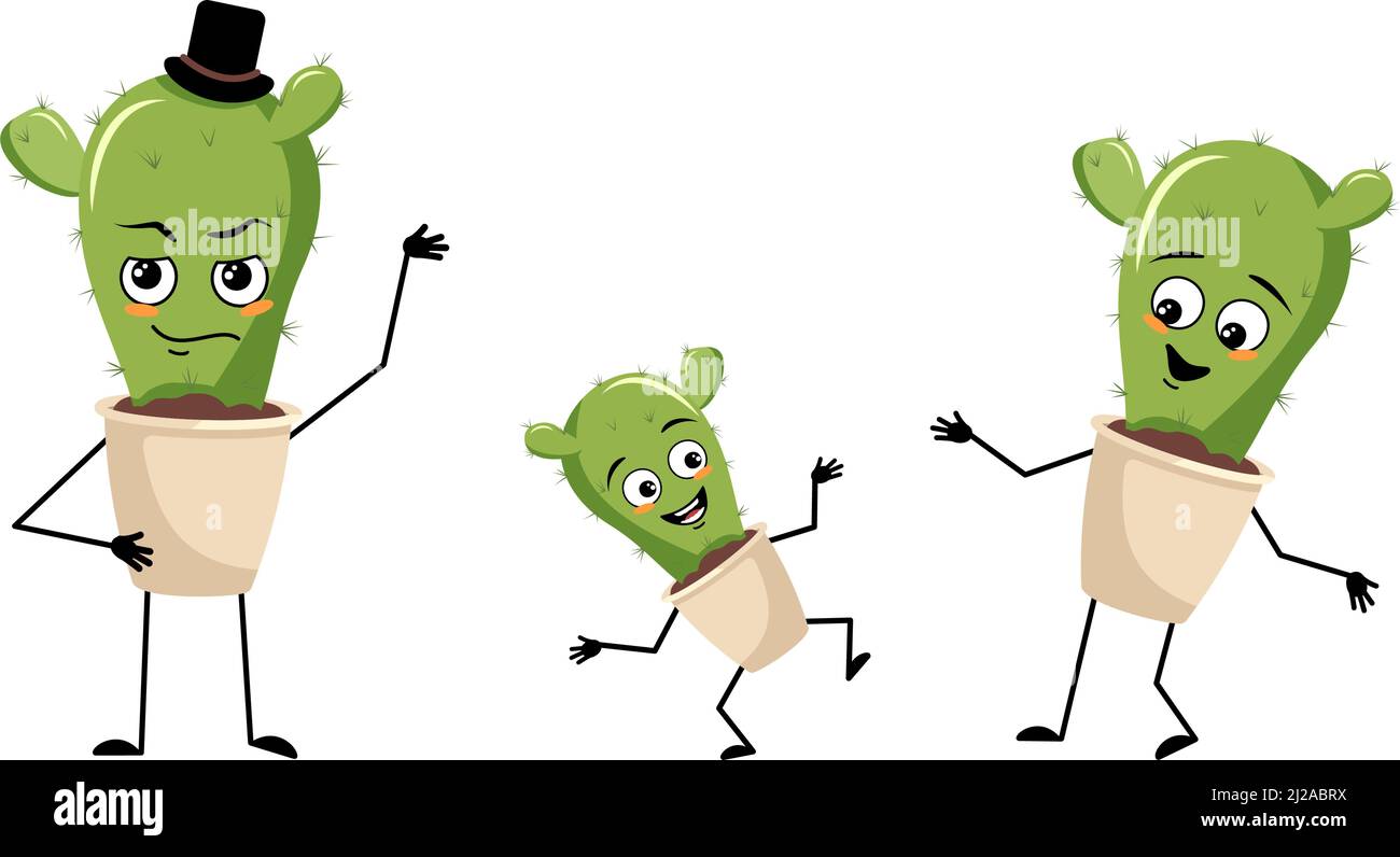 Family of cactus in pot character with happy emotions and poses, smile ...