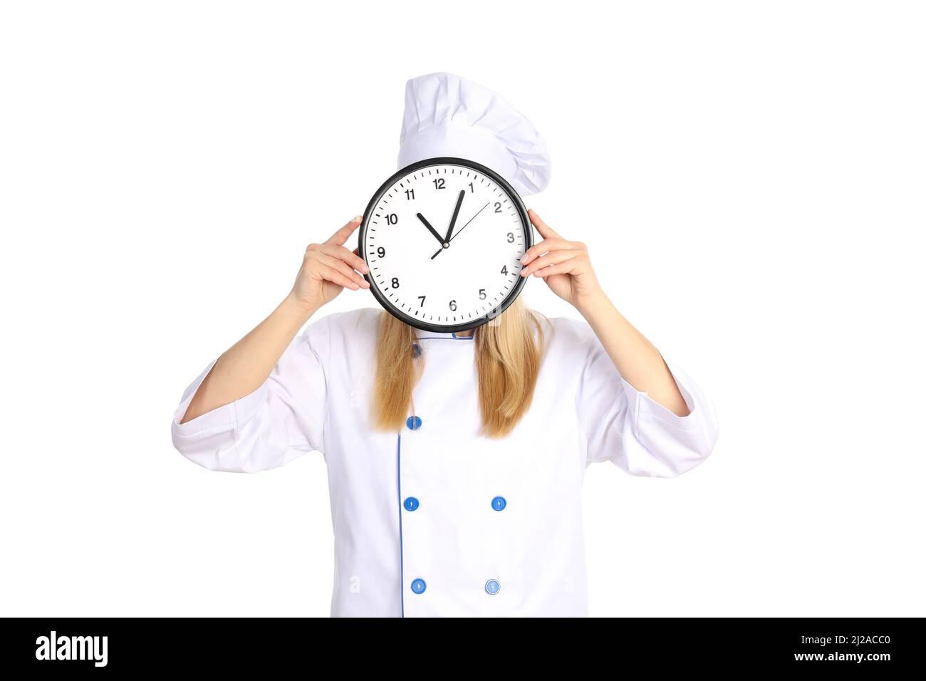 Chef woman with clock isolated on white background Stock Photo - Alamy