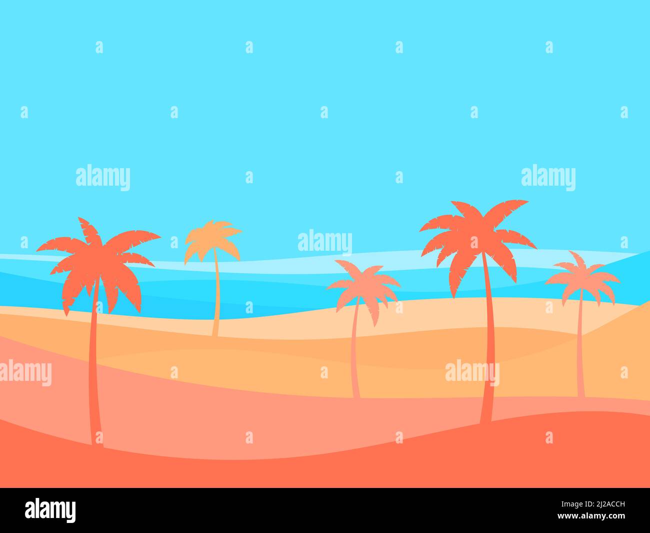 Beach with palm trees and sun in the background of the desert. Summer ...