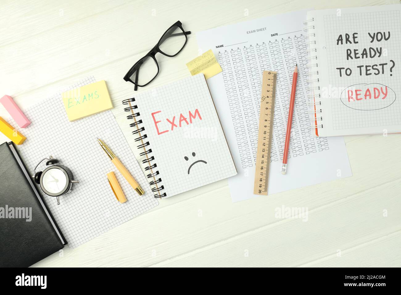 Concept of exams and tests, top view Stock Photo - Alamy