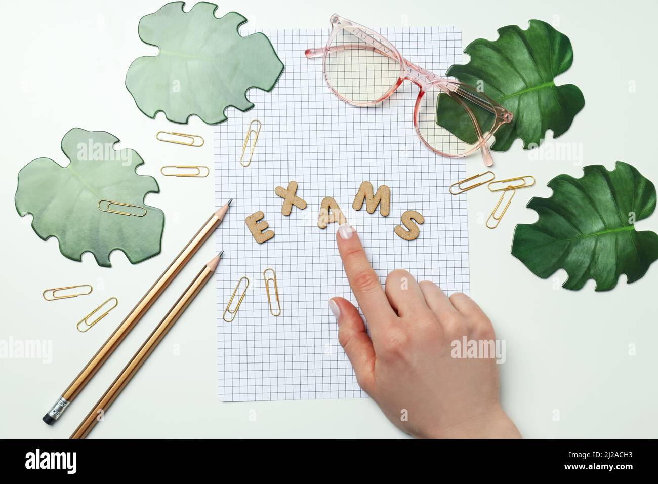 Concept of exams and tests, top view Stock Photo - Alamy