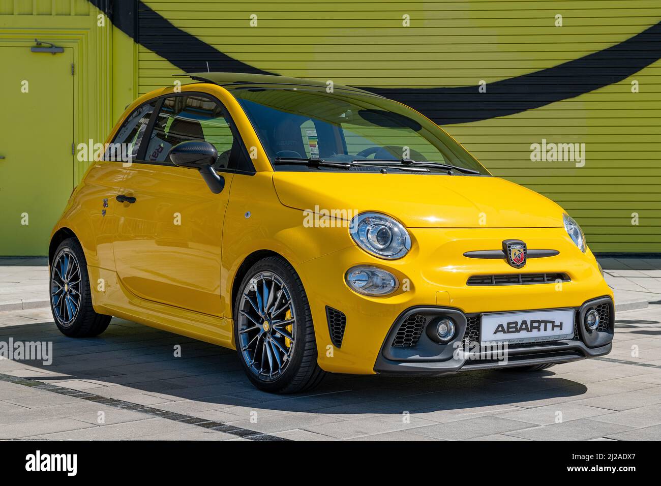 Front view of yellow Fiat 500 abarth 595 parked in the street Stock ...