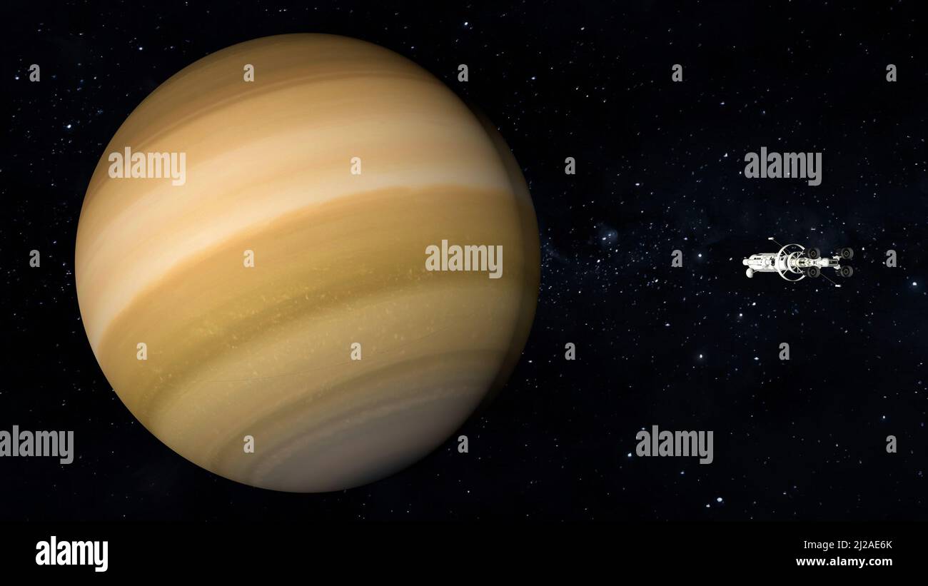 The spacecraft flies to the exoplanet. Space exploration Stock Photo ...