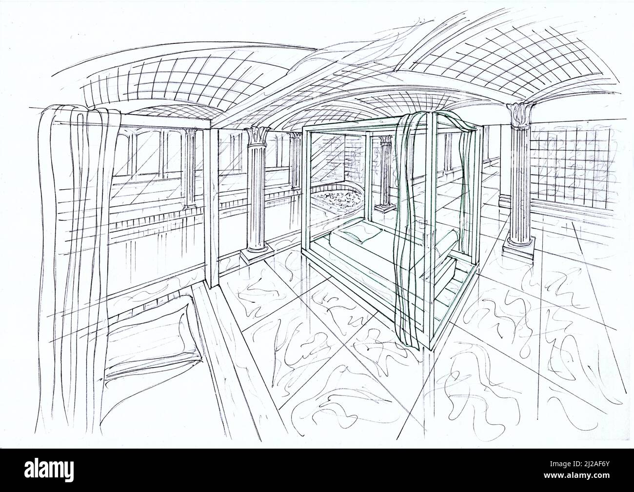 Black and white sketch of an elegant spa and swimming pool Stock Photo ...