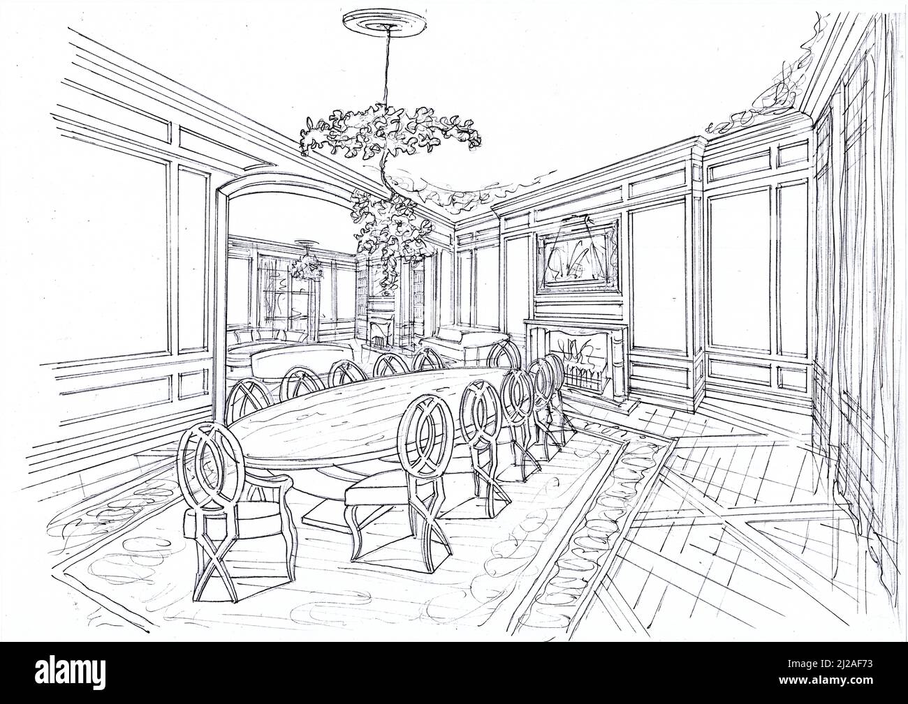 Black and white sketch of a dining room furnished in a traditional ...