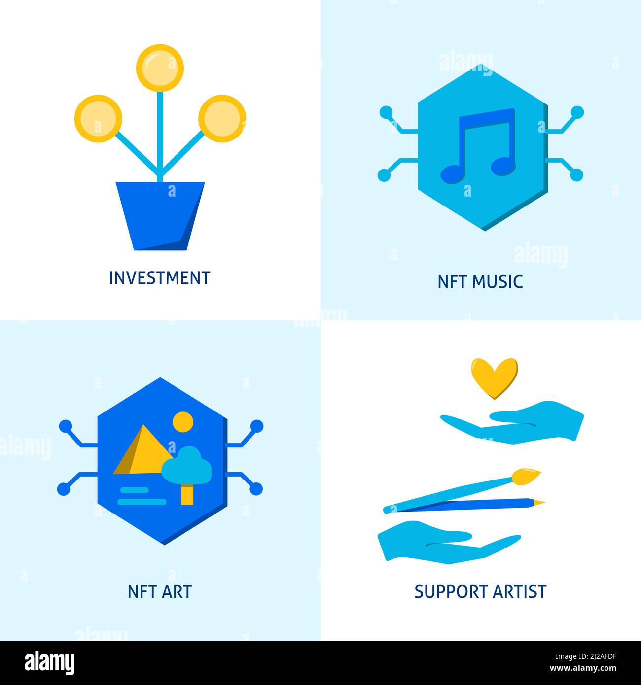 NFT art icon set in flat style. Digital artists support, NFT market ...