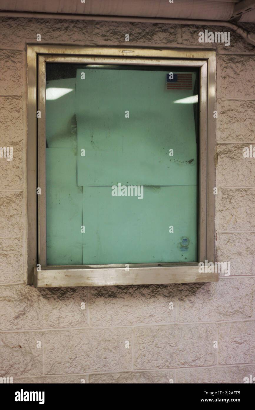 Old closed down public transportation teller cashier window Stock Photo ...