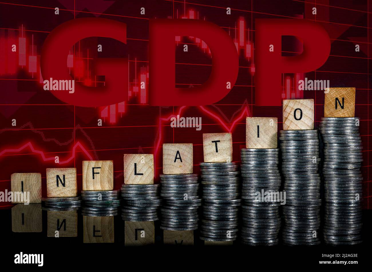 Inflation Concept Coin Piles Sign red chart GDP Text Stock Photo - Alamy