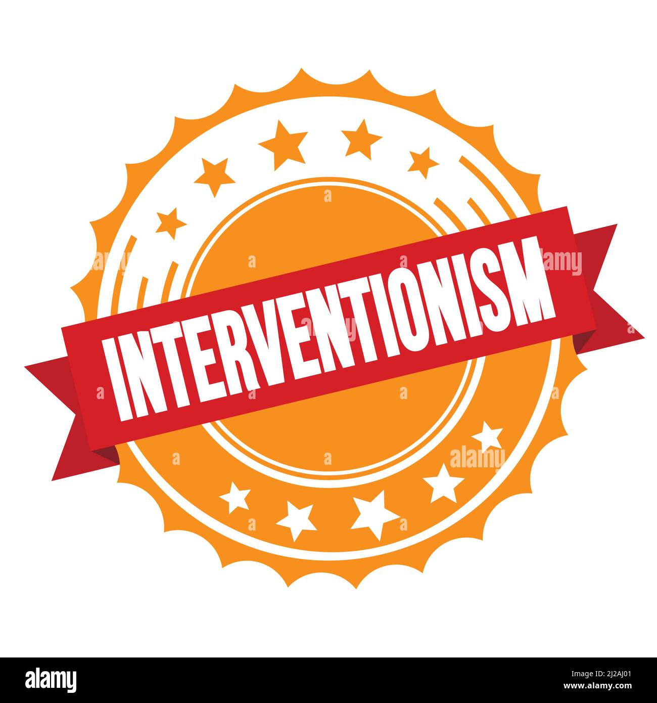 INTERVENTIONISM text on red orange ribbon badge stamp Stock Photo - Alamy