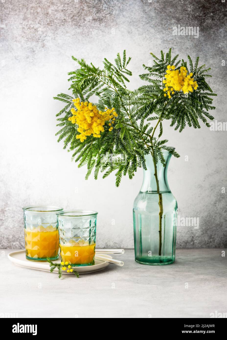 Beautiful bouquet of silver wattle or yellow mimosa flowers in ...