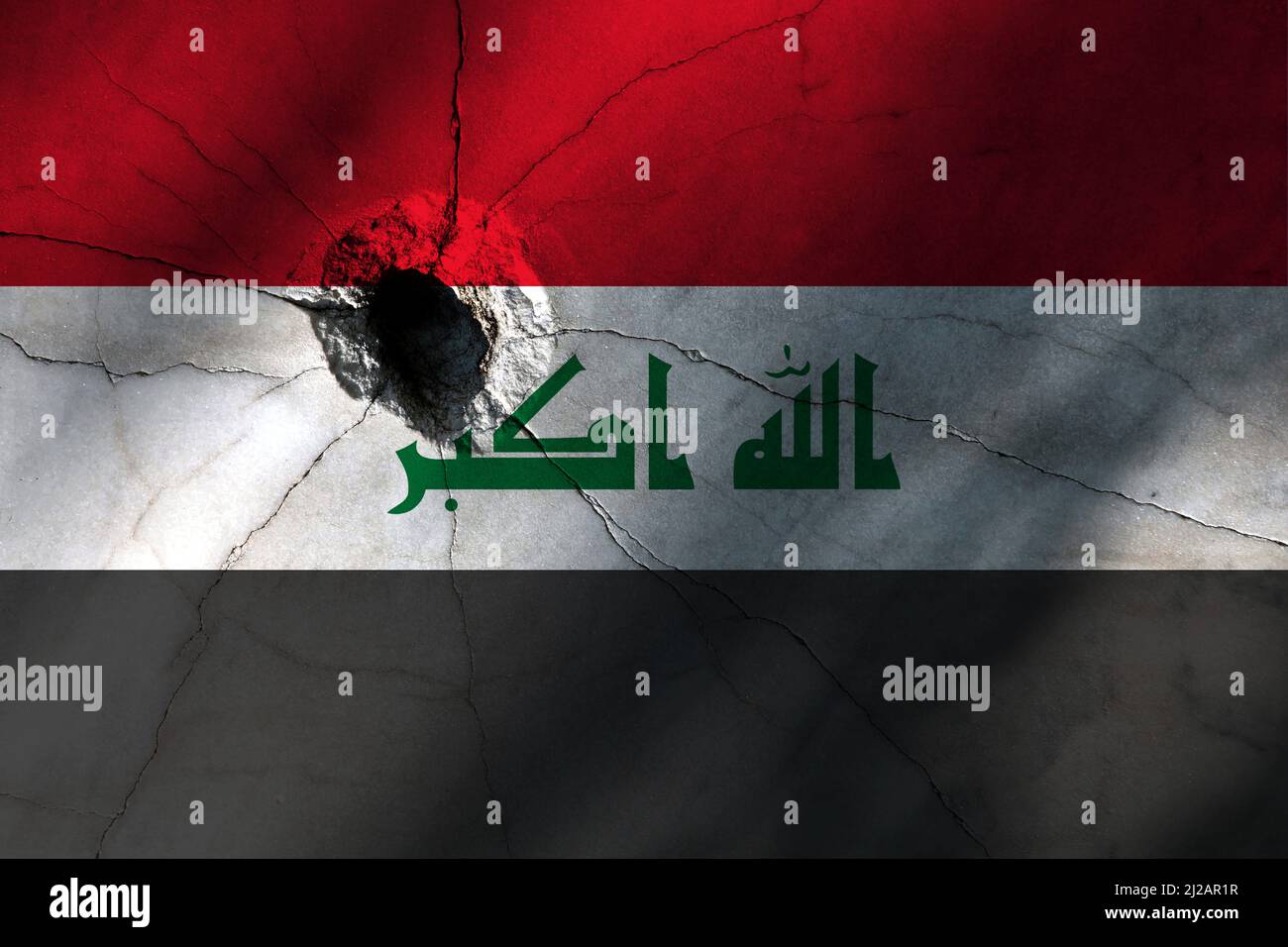 Iraq flag with big crack or bullet hole. Military conflict and war in ...
