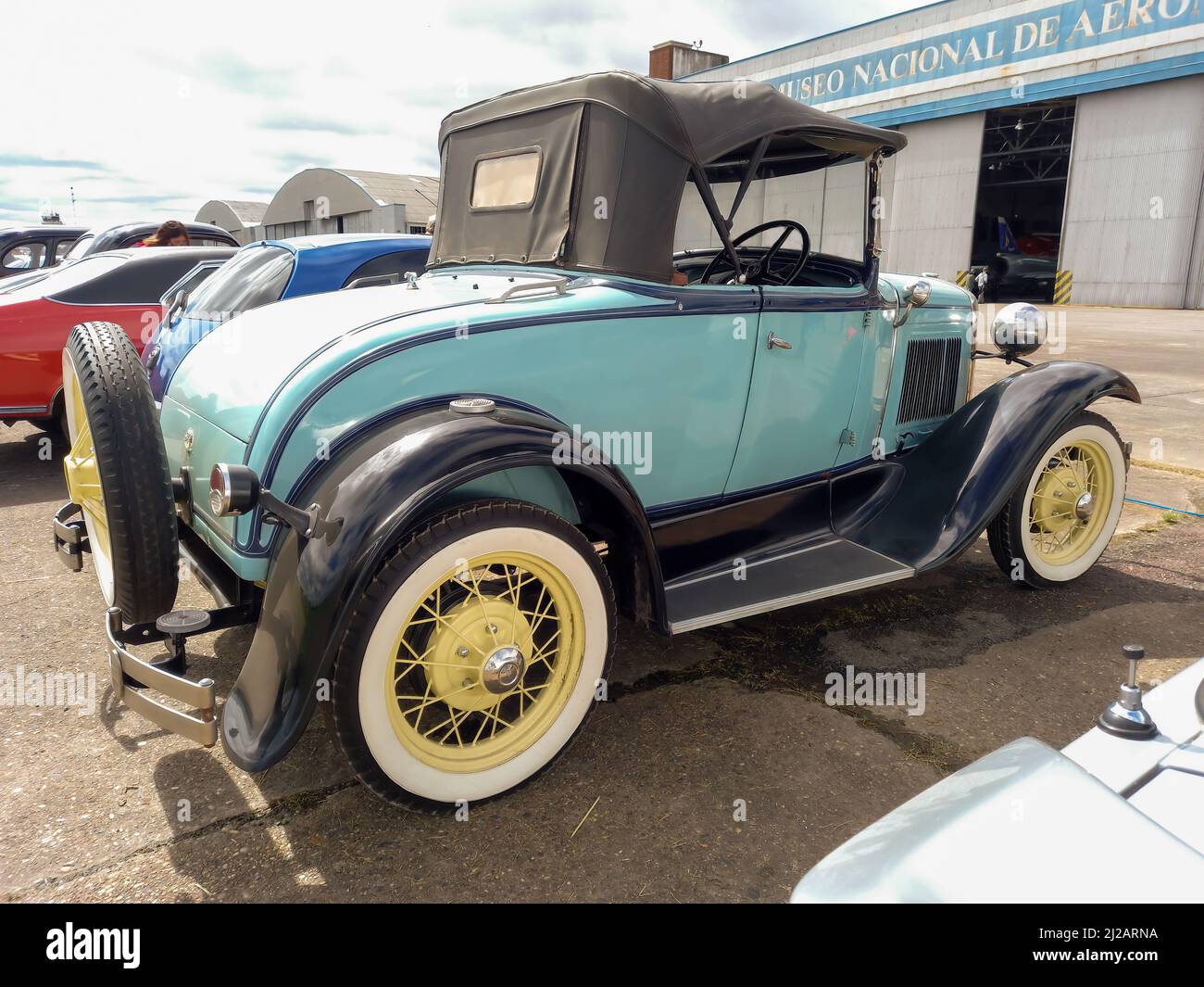 Old cyan Ford Model A coupe roadster circa 1930. Rear view. CADEAA MNA ...