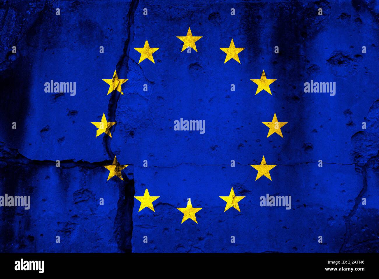 Europe union flag with big cracks. Military conflict and war in EU ...