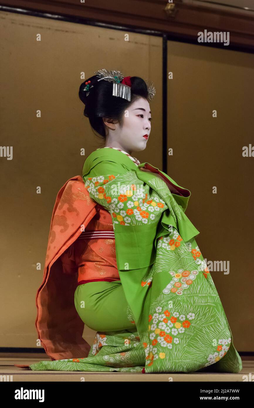 Vertical close-up view of a seated geisha wearing a kimono in a ...