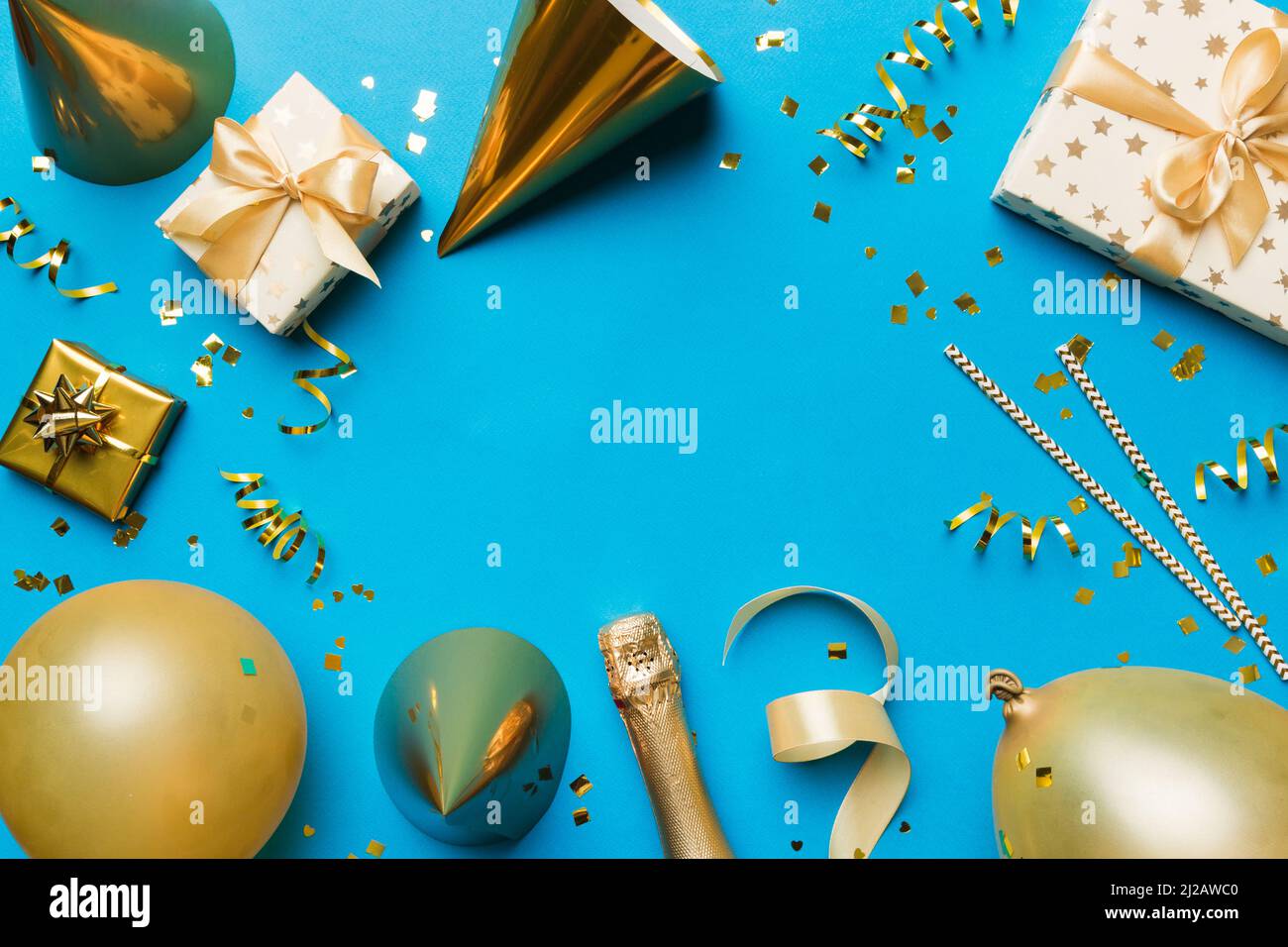 Flat lay party decoration concept on pastel colored background from ...