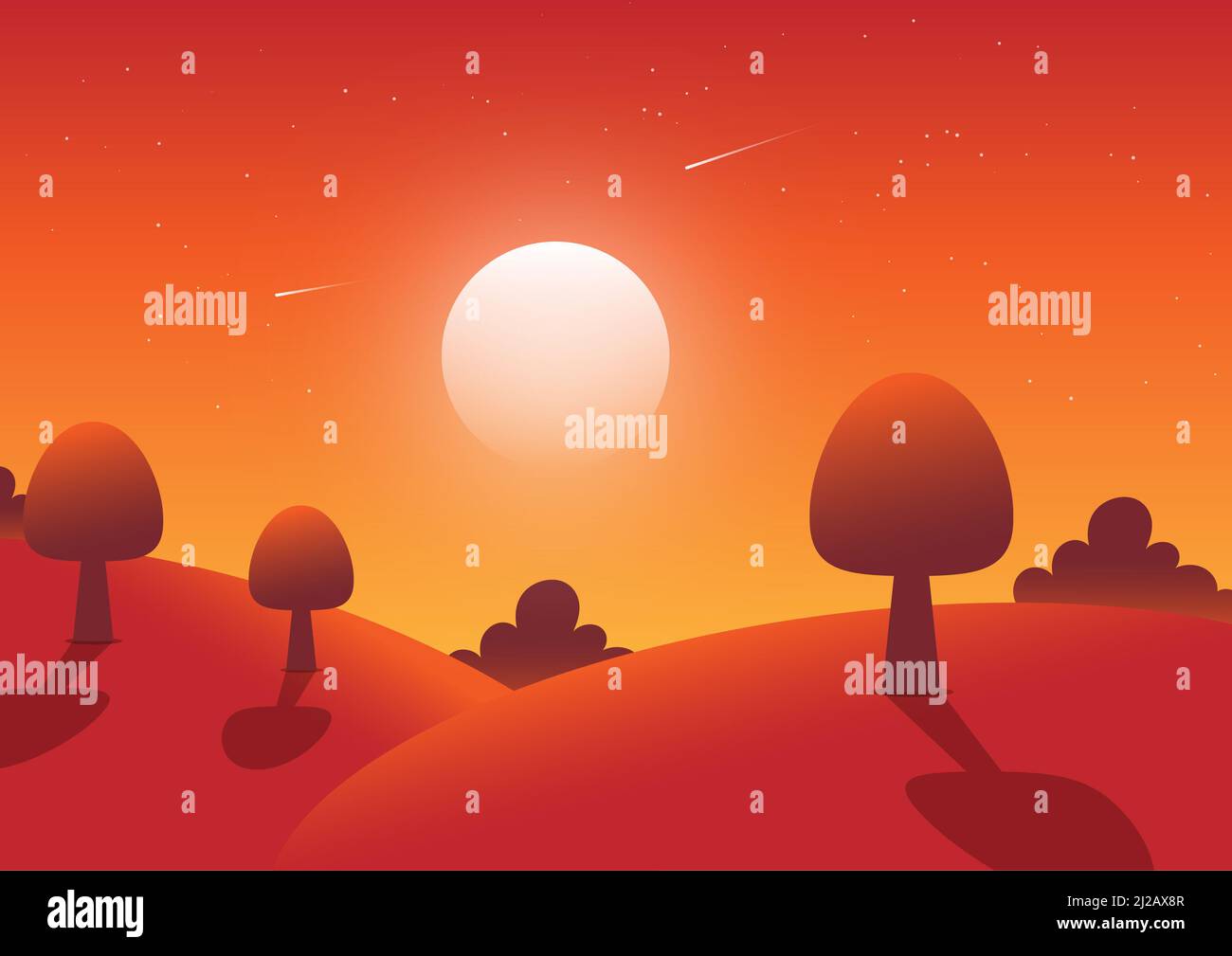 Fantasy red landscape with hills and trees Stock Photo - Alamy