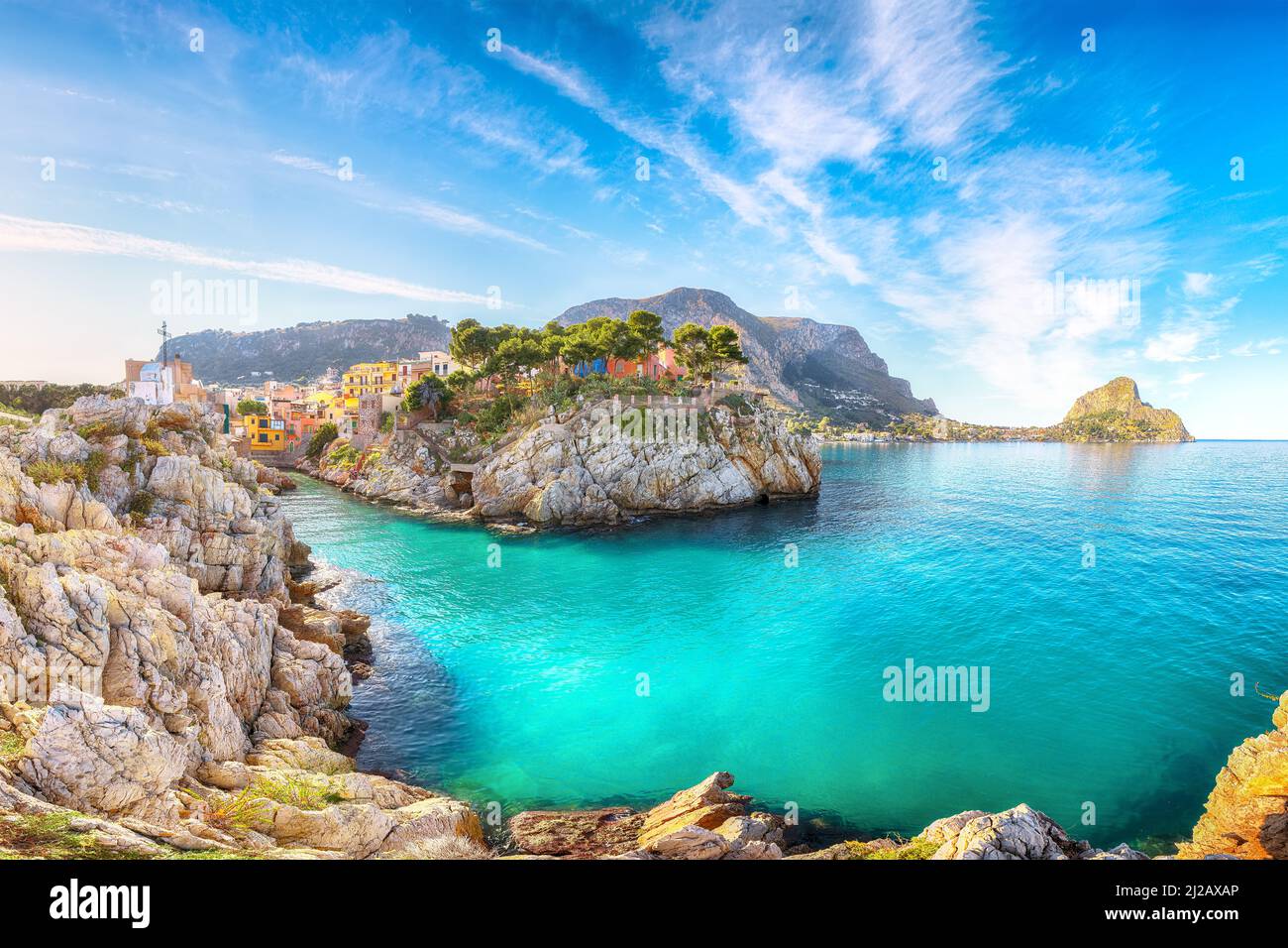 Amazing sunny day over Sant'Elia village. Popular travel destination of ...