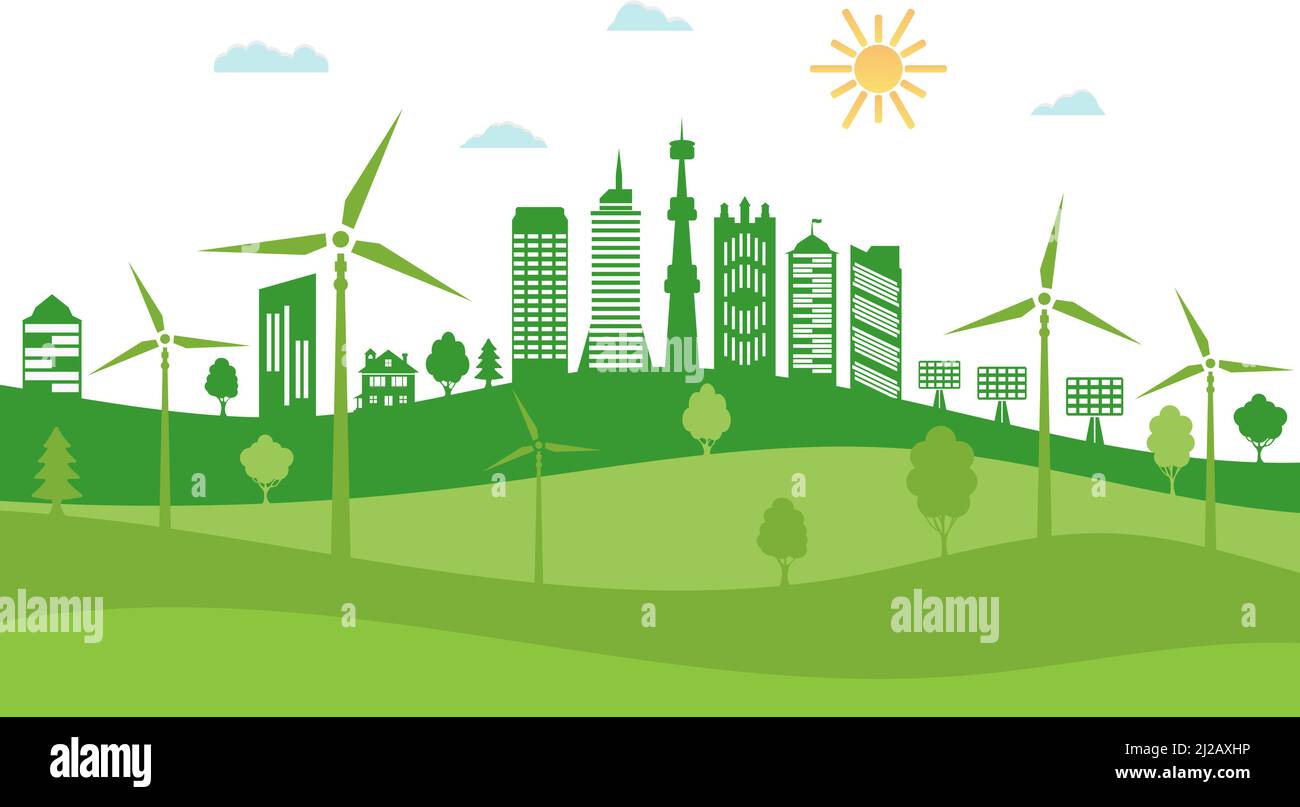Green city with renewable energy sources. Ecological city and ...