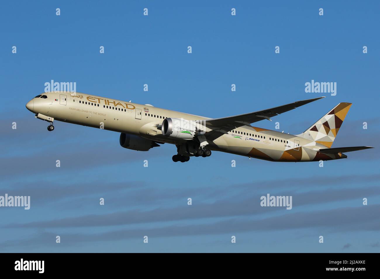 A Boeing 787 operated by Etihad Airways departs from London Heathrow ...