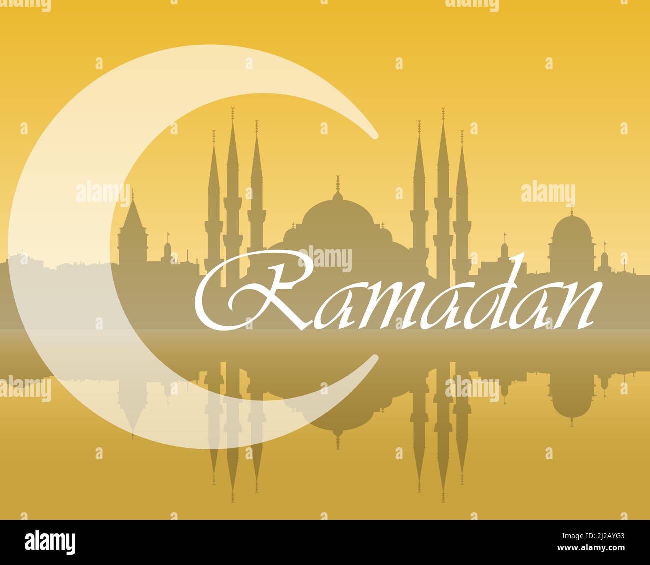 Islam crescent moon with blue mosque silhouette banner. Ramadan golden ...