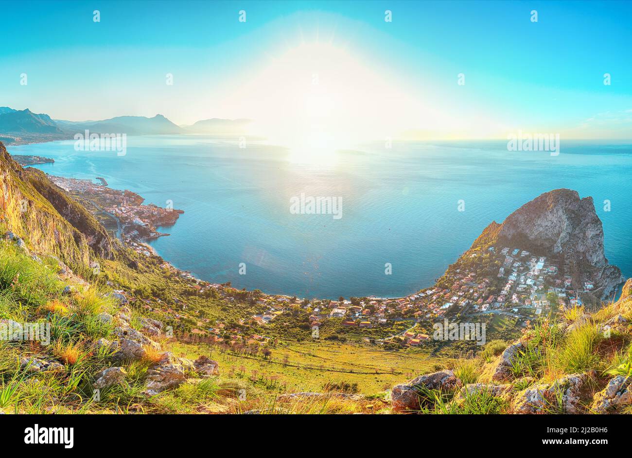 Outstanding morning view of Porticello town with cape Zafferano and ...