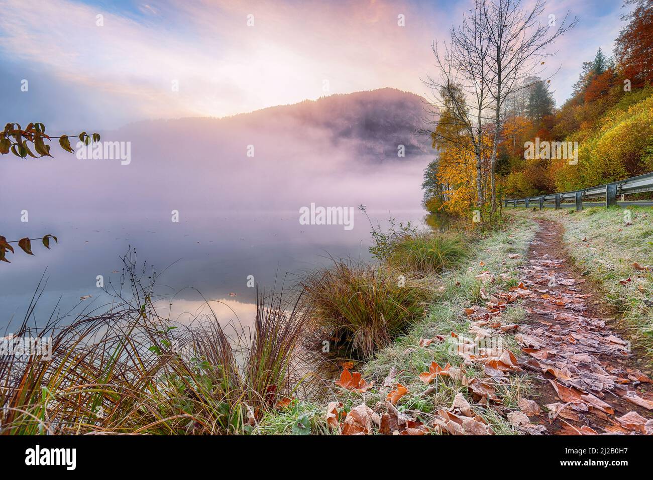 Outstanding autumn scene of foggy and sunny morning on Almsee lake ...