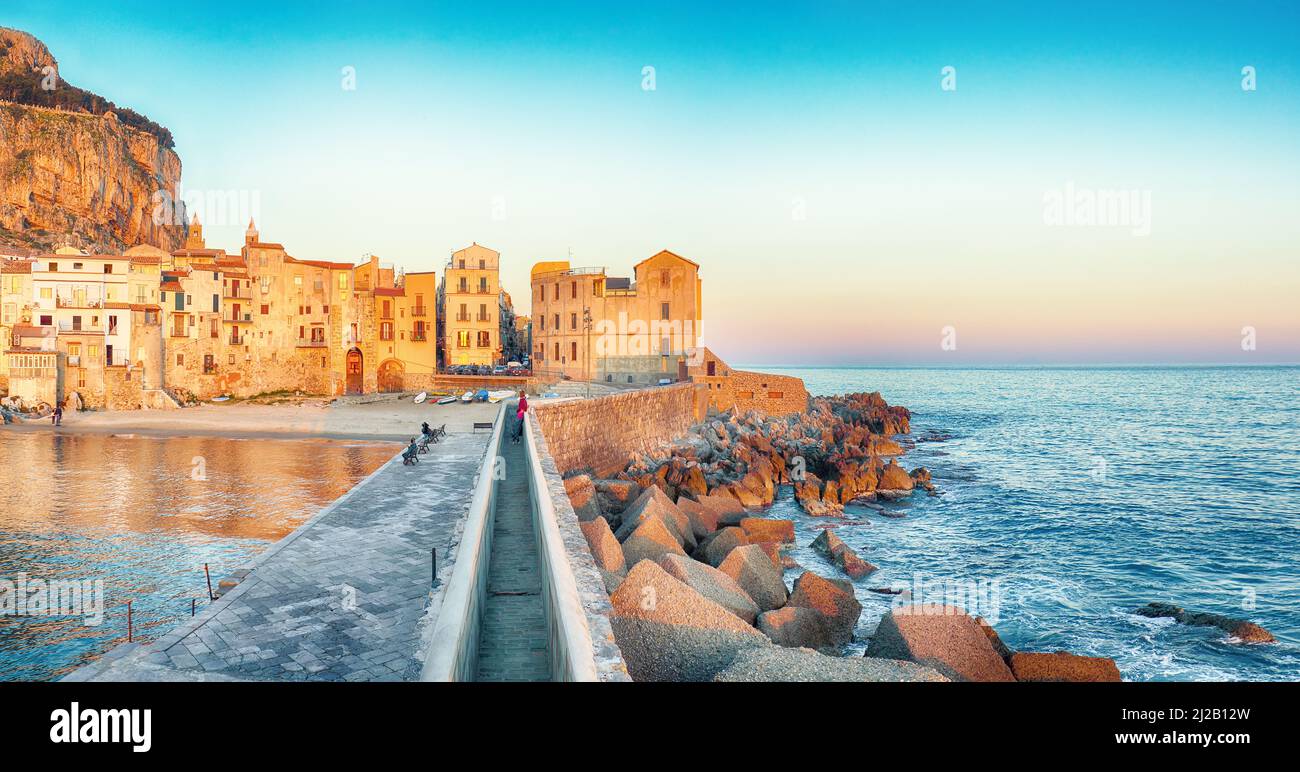 Scenic evening cityscape of Cefalu city. Popular travel destination of ...