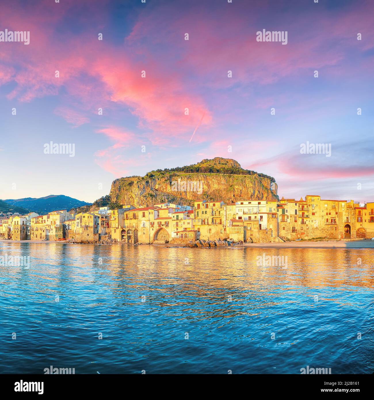 Scenic evening cityscape of Cefalu city. Popular travel destination of ...