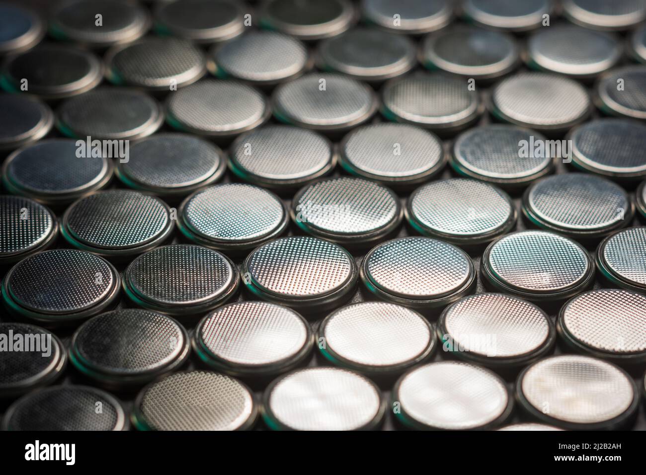 CR2032 coin cell batteries background closeup pan slide Stock Photo - Alamy