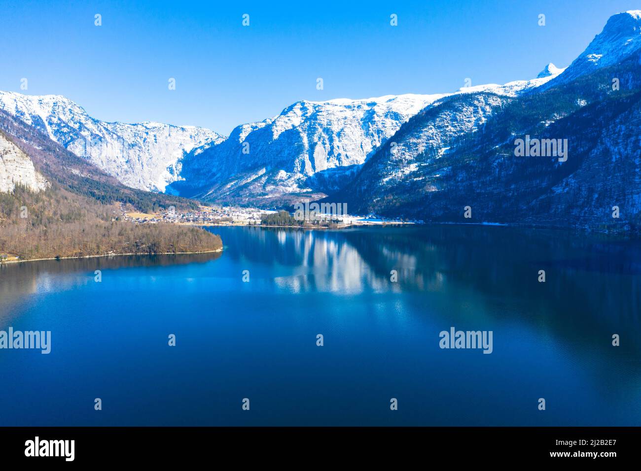 Amazing aerial view of Lake Hallstatt in Austria. The Hallstätter Lake ...