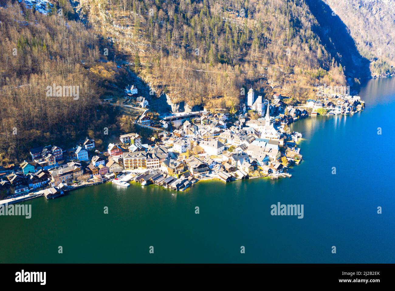 Spectacular aerial view of the famous lakeside town of Hallstatt in the ...