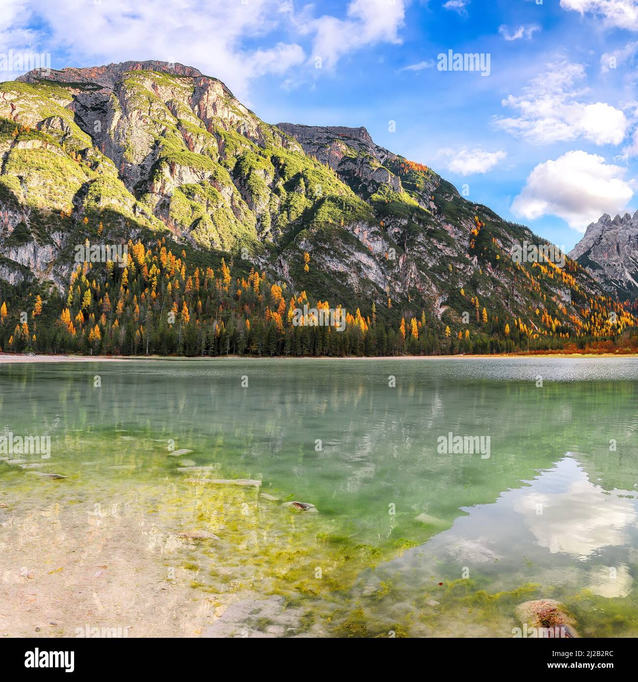 Awesome scenery of alpine lake Landro at autumn. Location: National ...